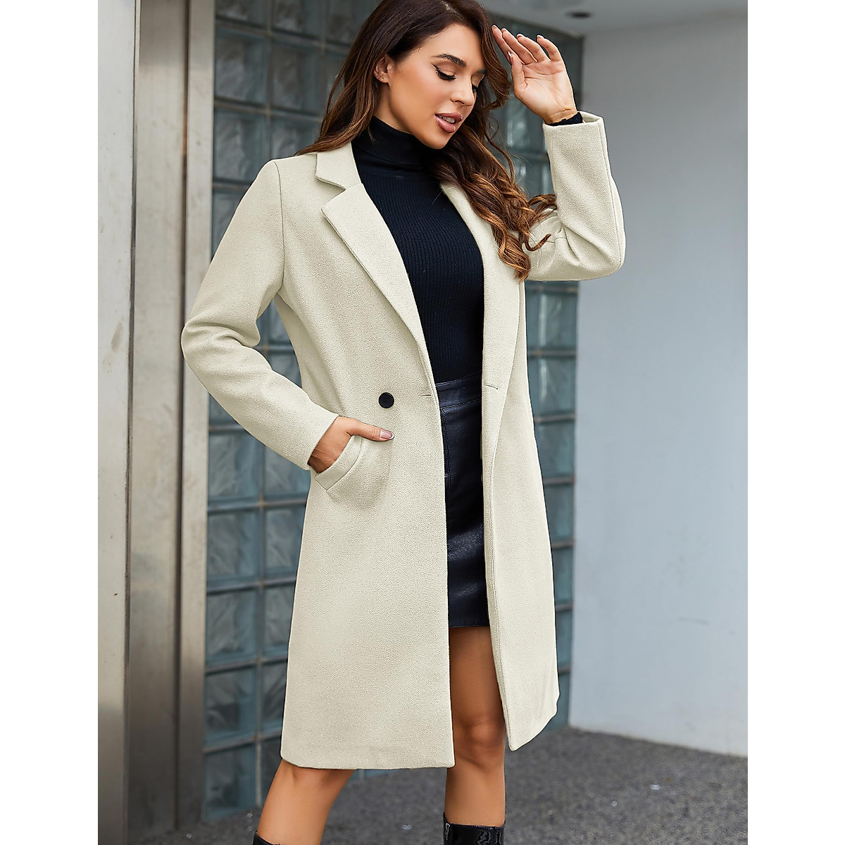 Tanming Women's Notch Lapel Double Breasted Wool Blend Mid Long Pea Trench Coat (Beige-L)