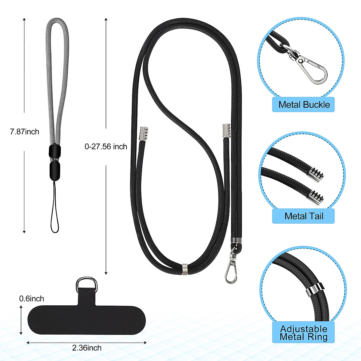 takyu Phone Lanyard, 2 Pack Adjustable Cell Phone Lanyard Crossbody Neck Strap & 2 Pack Phone Wrist Strap with Tether Tabs Compatible for iPhone Android Smartphones-Black Grey