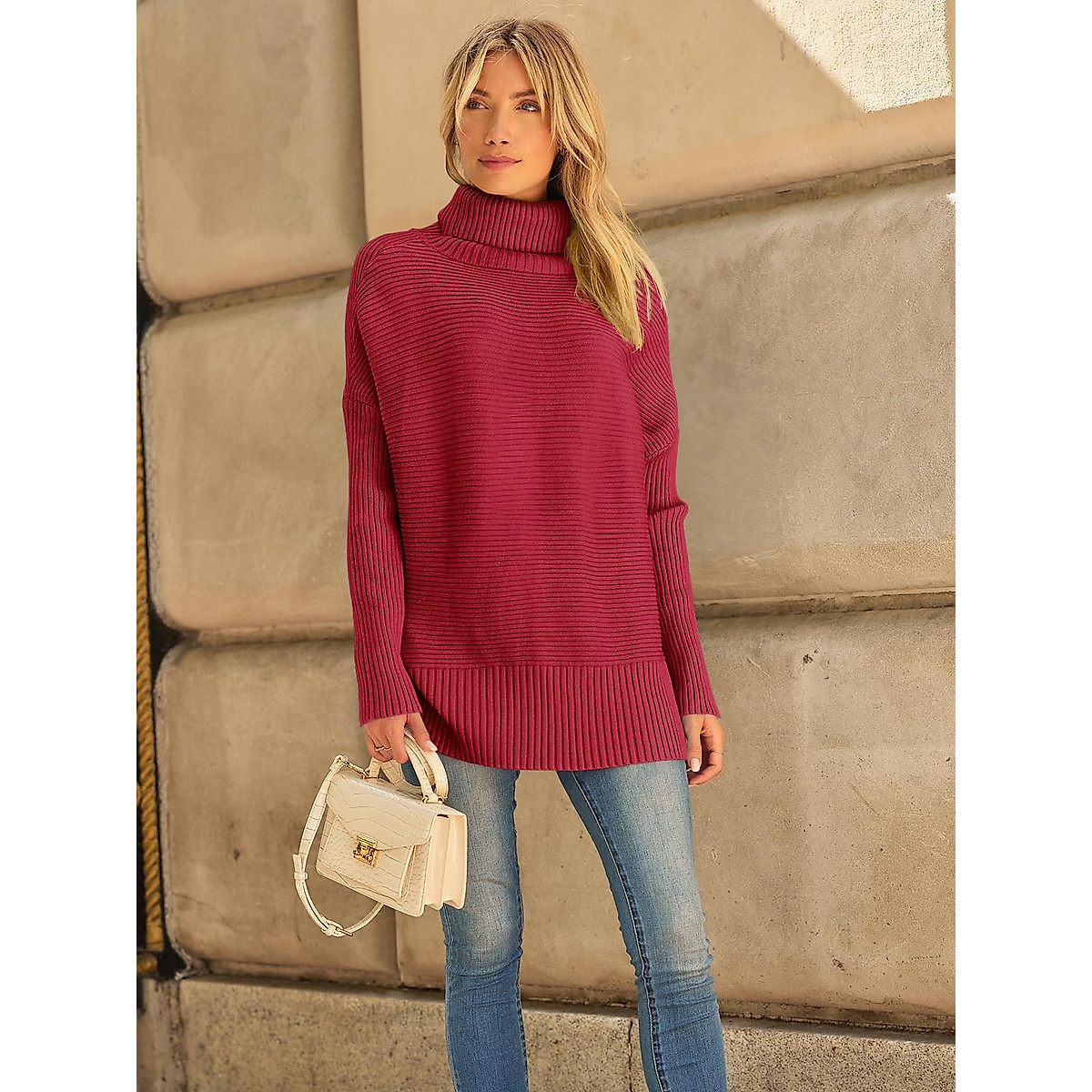 LILLUSORY Womens Turtleneck Oversized Tunic Fall Sweaters 2025 Casual Long Pullover Knit Winter Cute Poncho Fashion Trendy Clothes Outfits Clothing Tops Leggings Red