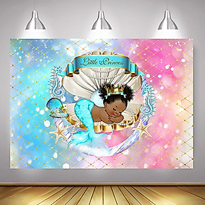 Mocsicka Royal Mermaid Princess Backdrop Under Sea Glitter Shell Crown Background 7x5ft Black Girl Backdrops Banner for Baby Shower, Birthday Party
