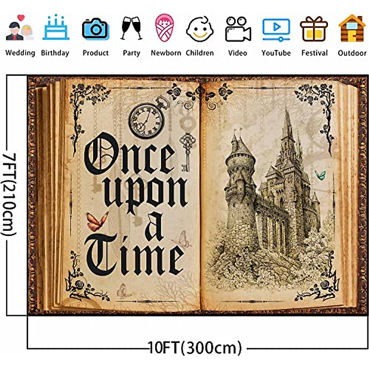 KIKIDOR Fairy Tale Book Backdrop Once Upon A Time Old Castle Royal Family Princess Romantic Storybook Photography Background Wedding Bride Shower Party Decor Portrait Photo Booth Props 10x7ft ZYKI0218