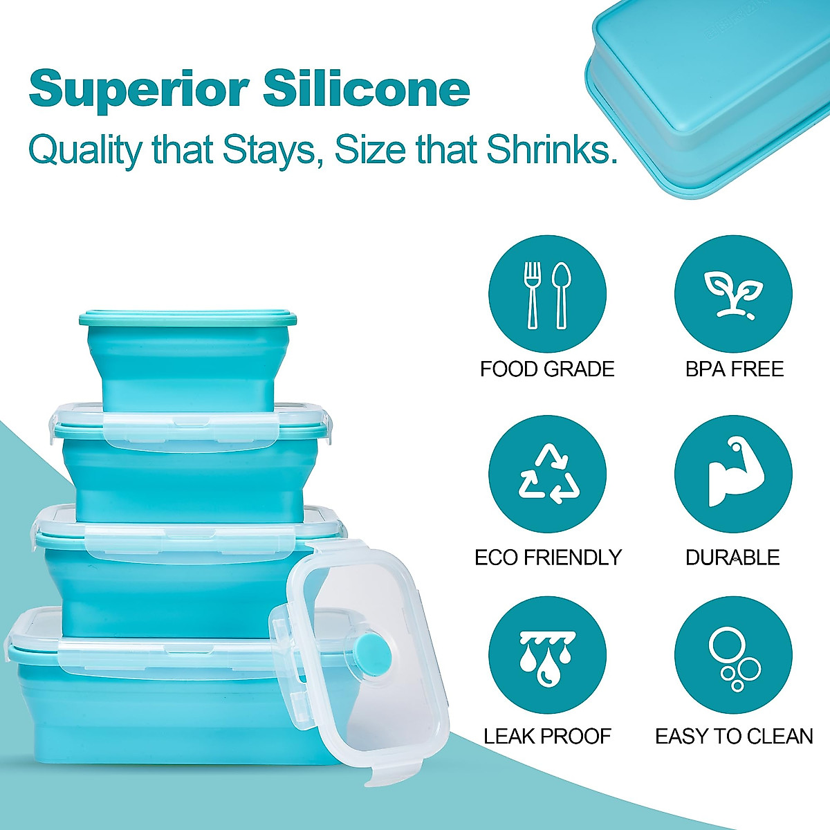 Set of 4 Collapsible Silicone Food Storage Container, Leftover Meal box For Kitchen, Bento Lunch Boxes, BPA Free, Microwave, Dishwasher and Freezer Safe. Foldable Design Saves Your Space.