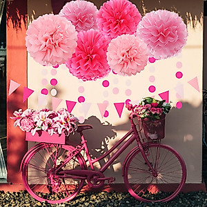 Rose Hot Pink Party Decorations - 23pcs Girl Birthday Baby Shower Tissue Pom Poms Streamers, Bachelorette Bridal Wedding Engagement Supplies Tassel Garland Banner,Valentines Day Favors Decor Ouruola