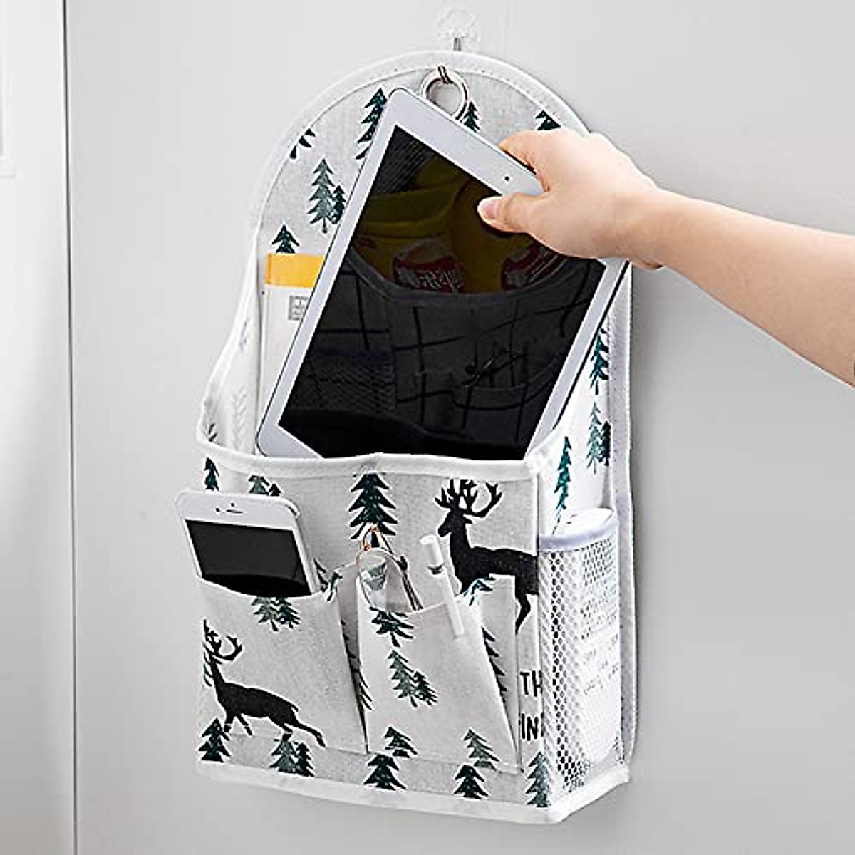 Wall Hanging Storage Bag, Waterproof Over The Door Closet Organizer Hanging Pocket Linen Cotton Organizer Box Containers for Bedroom, Bathroom, Kitchen, Office (Black Grid)