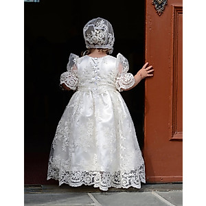 Aorme Long White Lace Bonnet Christening Gowns for Girls with Buttons Half Sleeves