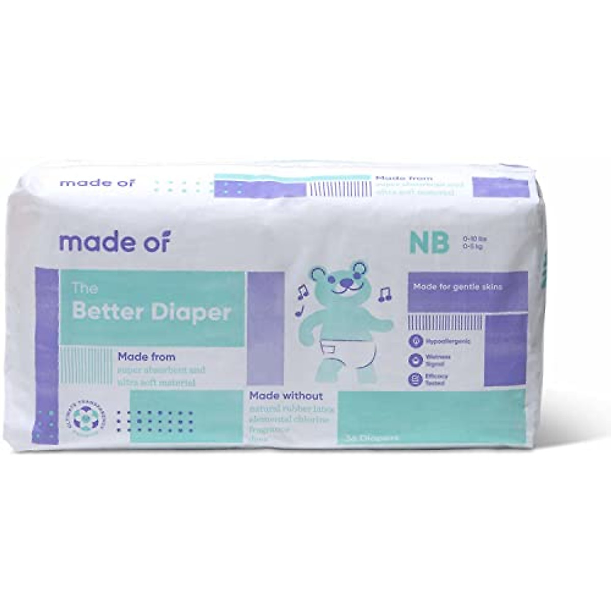 MADE OF The Better Baby Diapers - Hypoallergenic Diapers for Sensitive Skin, Unscented, 10 Hour Absorbency - Pediatrician and Dermatologist Tested - Size 0 (36 Count)