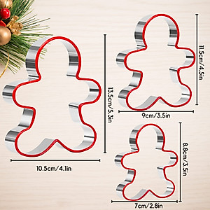 Gingerbread Man Cookie Cutters Set, 3 PCS Gingerbread Man Biscut Cutters Set Stainless Steel Christmas Cookie Cutters with Red Environmental PVC - 5.3/4.5/3.5IN
