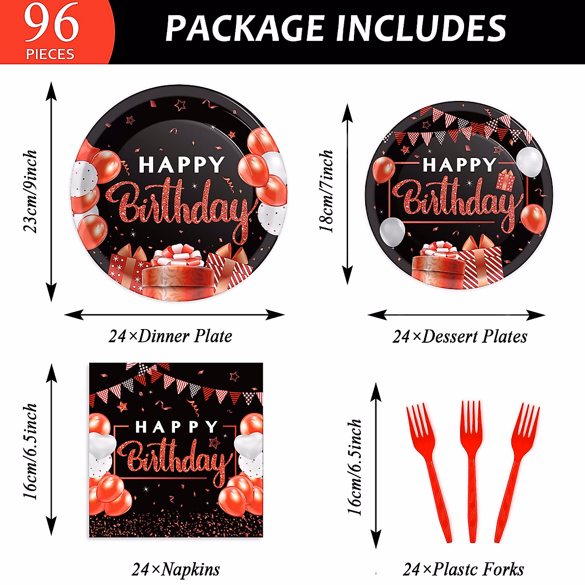 96 Pieces Red and Black Tableware Set Confetti Sprinkles Happy Birthday Party Decorations Table Decors for Men Women Plates Napkins Forks for 24 Guests
