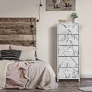 Sorbus Fabric Dresser for Bedroom - Chest of 5 Drawers, Tall Storage Tower, Clothing Organizer, for Closet, for Living Room, Steel Frame, Fabric Bins - Wood Handle (Marble White – White Frame)