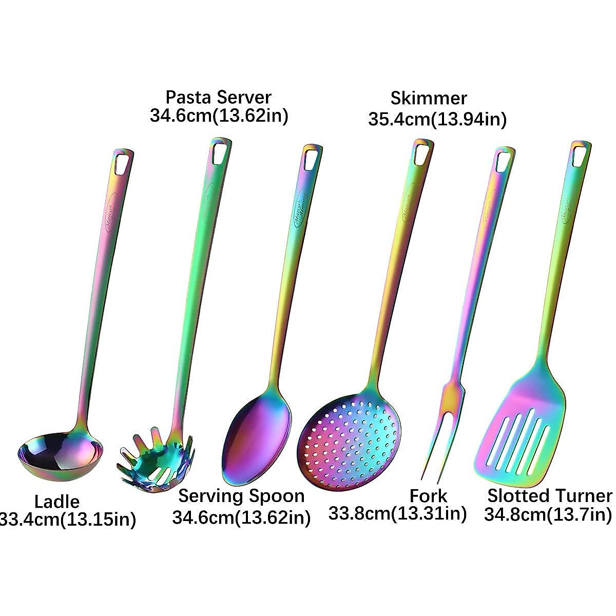 Marco Almond® Kitchen Utensil Set, Stainless Steel Cooking Utensils Sets with Titanium Plated, 7 PCS Kitchen Turner, Serving Spoon, Ladle, Skimmer Spoons, Fork, Pasta Server and Holder, Rainbow