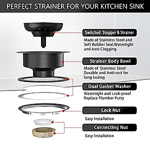 EXAKEY Black Sink Drain 3-1/2 Inch Matte Black Kitchen Sink Drain Strainer Assembly Kit with Strainer Basket and Drain Stopper for Standard Kitchen Sink Stainless Steel