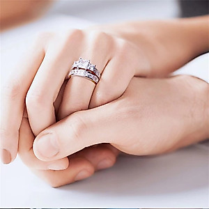 MABELLA Sterling Silver Ring for Women - 3 Stone CZ Princess Cut Engagement Ring - Cute Silver Wedding Ring Bands for Women - Bridal Womens Ring Set - Unique Gift for Her - 2 Pcs - Size 6