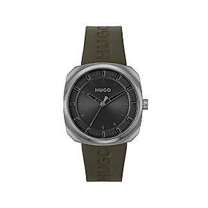 HUGO #Shrill Men's Quartz Stainless Steel Case and Leather Calfskin Strap Watch, Color: Green (Model: 1530307)