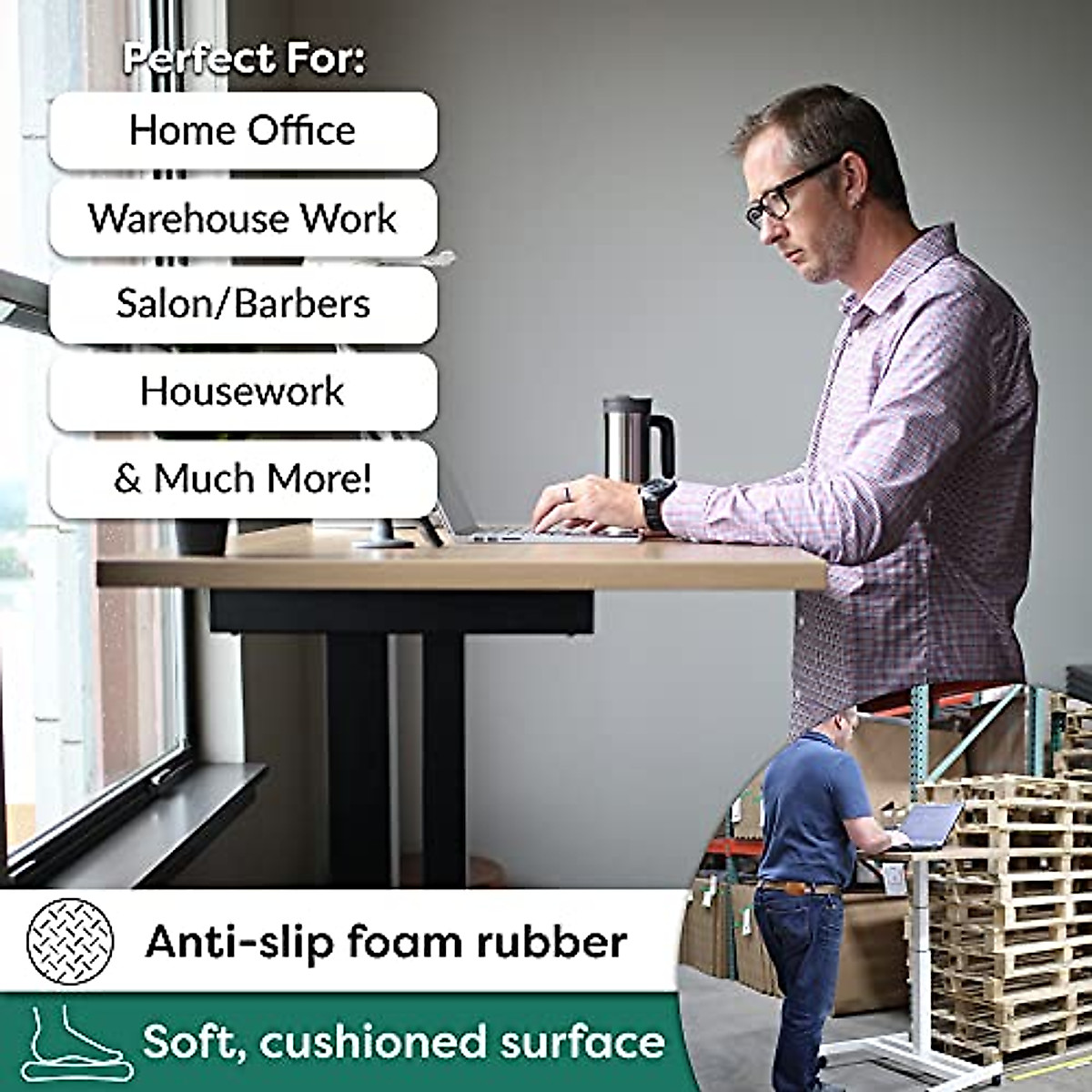 XCEL Black Rubber Anti Fatigue Mat for Kitchen Floor, Standing Desk, Salon - 32 x 18 x 1/2 Inch Thick - Soft, Non Slip, Heavy Duty Floor Mat to Stand on While Working - Home Office Accessories