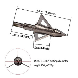 Bowhunting 100 Grain, 3 Blade Broadhead Steel Tips for Archery Crossbow Bolts Arrows, 1" Cutting Diameter, 12 Pack