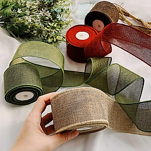 JACK CHLOE 32Yards 2-1/2'' Christmas Ribbon Wired, Burlap Ribbon Rolls in Spring Green Scarlet Dark Brown Khaki, Prefect Wired Christmas Ribbon for Decor Gift Wrapping Christmas Tree Bows Wedding.