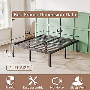 AGXI Full Size Bed Frame, Metal Bed Frame 16 Inch Tall Bed Frame No Box Spring Needed, Heavy Duty Platform Full Bed Frame with Storage Space, Sturdy Bed Frame Full Non-Slip Noiseless