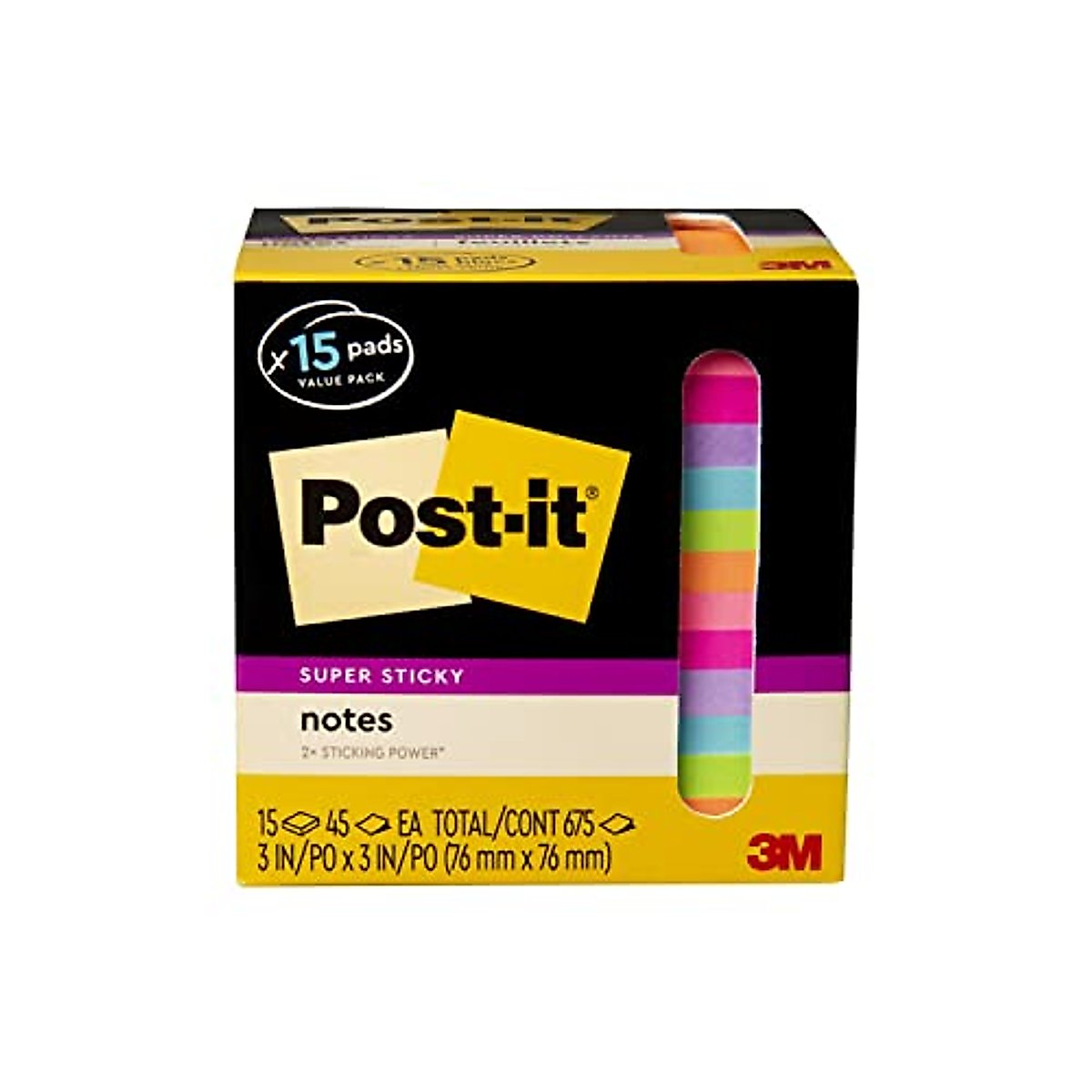 Post-it Super Sticky Notes, 3x3 in, 15 Sticky Note Pads, 2x the Sticky Power, Bright Colors, Post-it Notes, Super Sticky Note Pads, Stick Notes, Sticky Pad, Colorful Sticky Notes Pack (654-15SSCP)