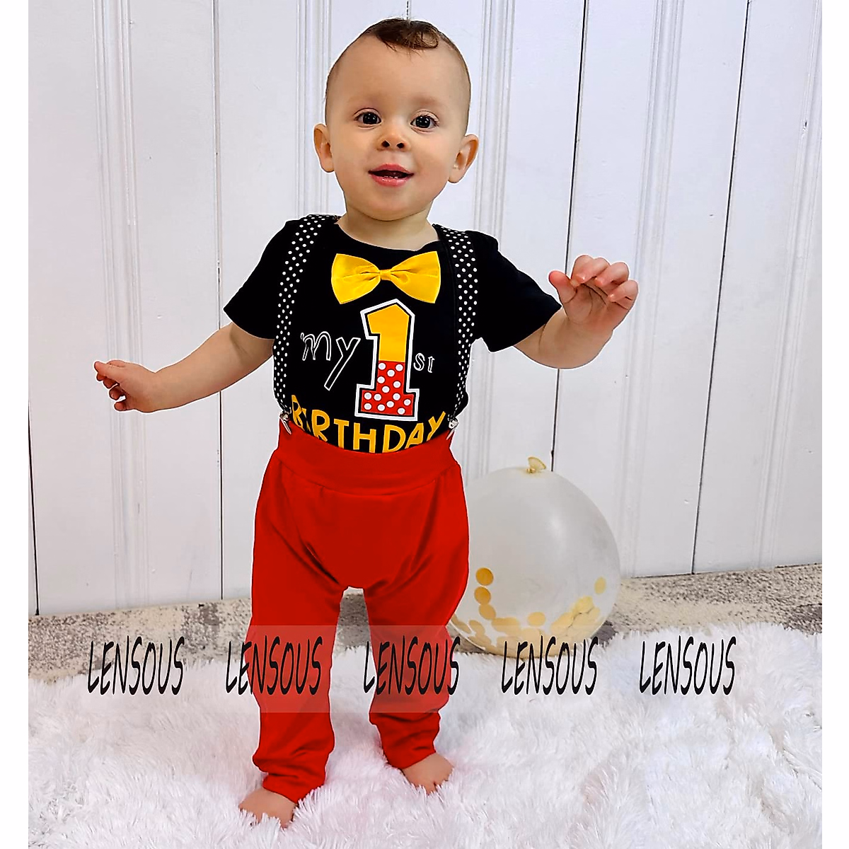 LENSOUS Baby Boys First Birthday Cake Smash Outfits Bowtie One Year Old Romper Pants Set（Red,18-24 Months）