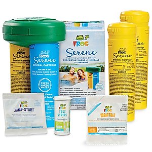 FROG Serene Floating Sanitizing System + 2 Bromine Cartridges + 1 FROG Maintain Non-Chlorine Shock Treatment for Hot Tubs, Quick and Easy Self-Regulating Hot Tub Sanitizer