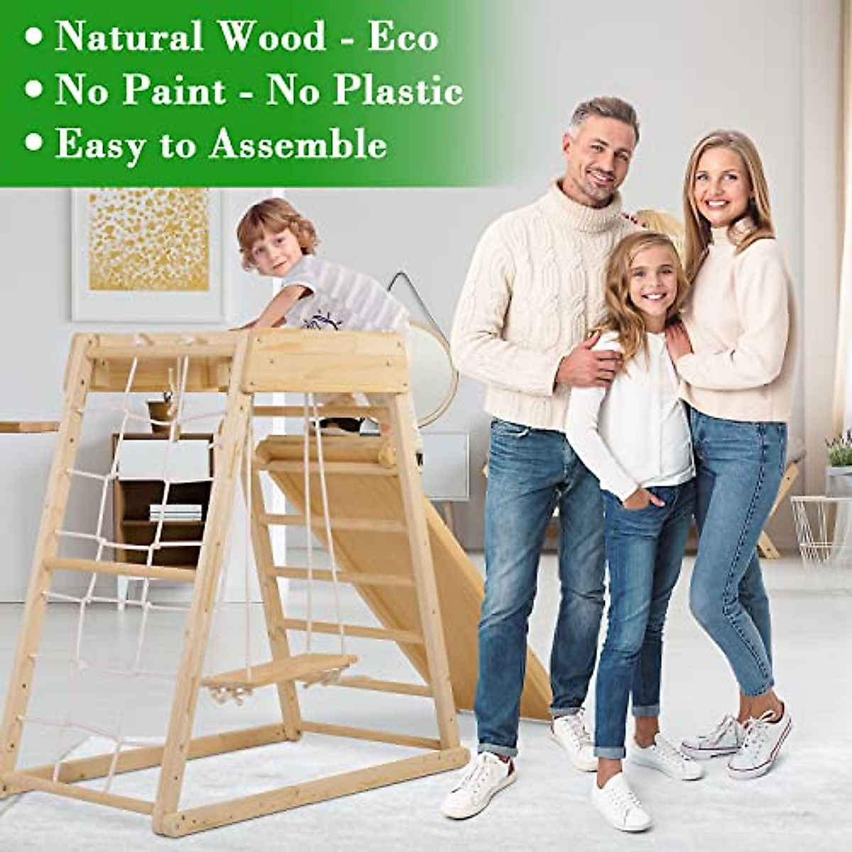 Climber,Indoor Playground Wood Playset 7-in-1 with Jungle Gym, Ramp, Slide, Swing, Swedish Ladder, Pine Wood, Rock Wall Dome for Kids Ages 1+