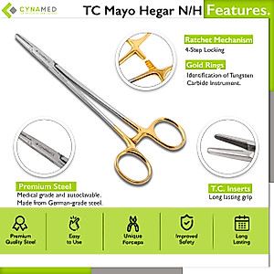 Cynamed TC Mayo Hegar Needle/Suture Holder Driver with Tungsten Carbide Inserts and Gold Rings - Premium Grade Instrument (7 in.)