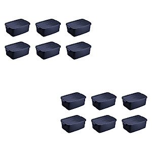 Rubbermaid Roughneck 3 Gallon Rugged Plastic Reusable Stackable Home Storage Totes with Lids, Dark Indigo Metallic (12 Pack)