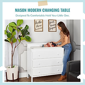 Dream On Me Mason Modern Changing Table with Free Changing Pad in White, Three Spacious Drawers, Made of New Zealand Pinewood, Includes 1" Mattress Pad and Anti-Tipping Kit