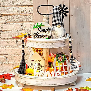 10 Pieces Farmhouse Decor for Tiered Tray, Black White Buffalo Plaid Wooden Mini Sign Rustic Ornaments with String Lights for Kitchen Table Decoration, Housewarming Gift(Gnome Style)