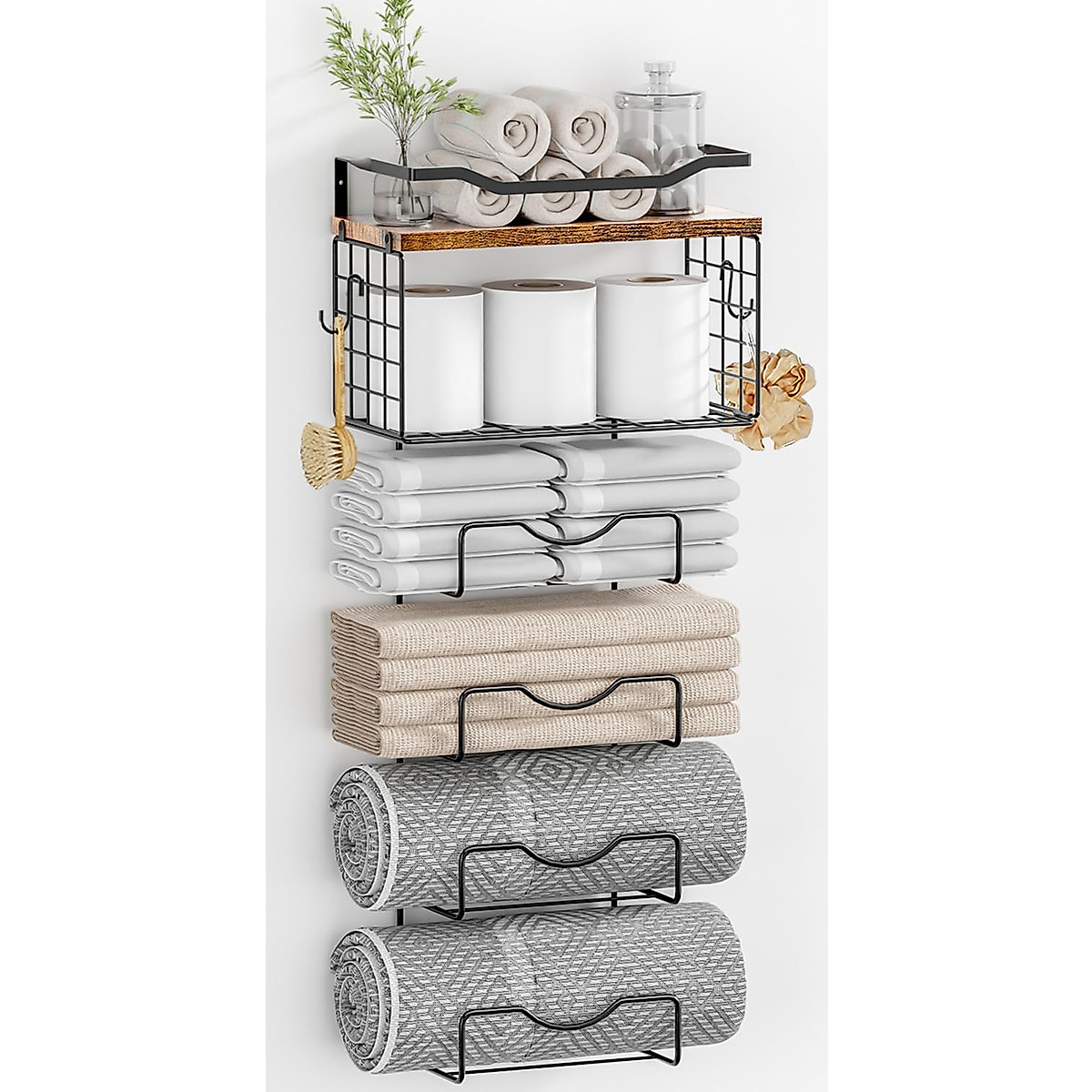 Towel Racks for Bathroom,Towel Rack Wall Mounted, 6 Tier Rolled Or Folded Towel Holder with Floating Shelves, Bathroom Towel Holder for Bath, Hand Towels,Metal and Wood