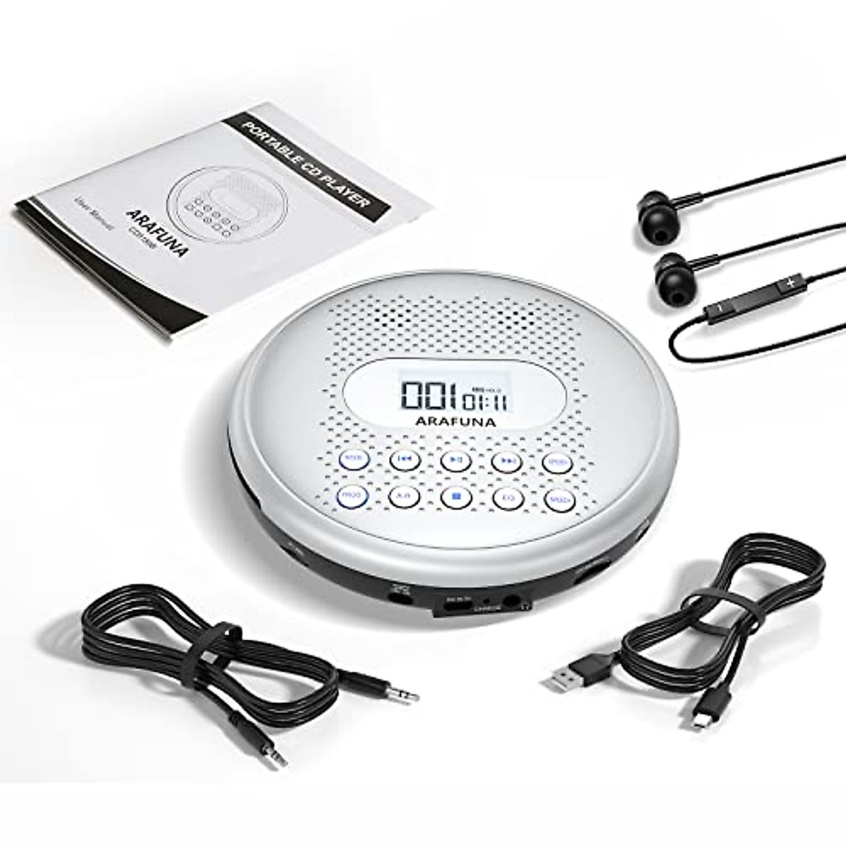 CD Player Portable, ARAFUNA Rechargeable Portable CD Players for Car with Speakers, Anti-Skip Walkman CD Player with Backlit Button, LCD Display and AUX Cable