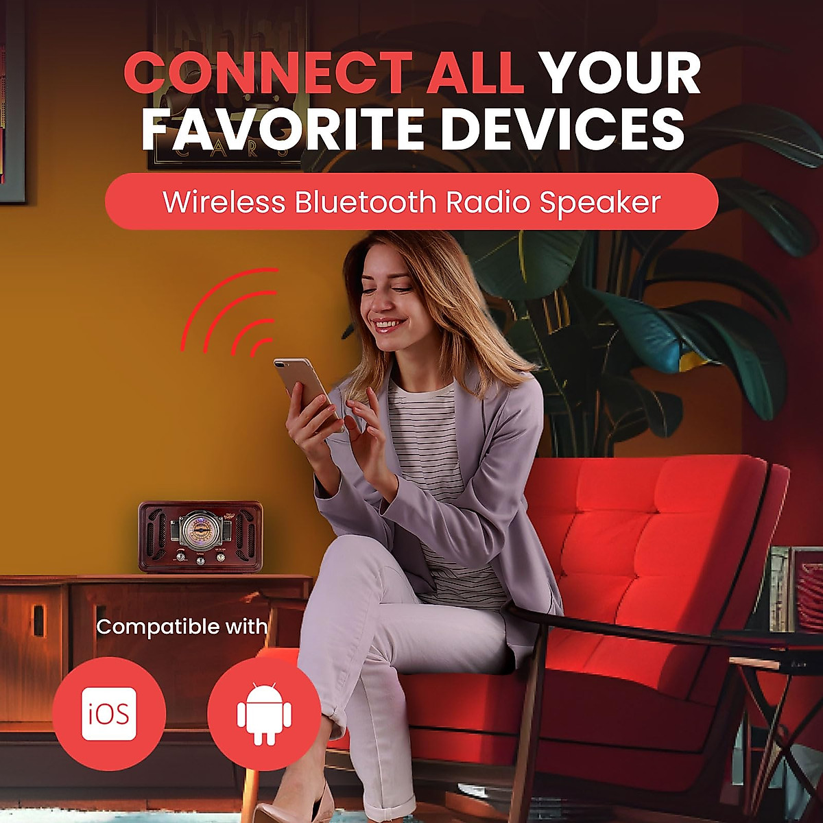 Pyle Retro Wireless Bluetooth Radio Speaker - Classic Vintage Style Audio Sound Receiver System w/Built-in Stereo Speakers, USB, SD Card Slot, AUX, RCA, MP3, AM/FM Tuner - Pyle PUNP34BT