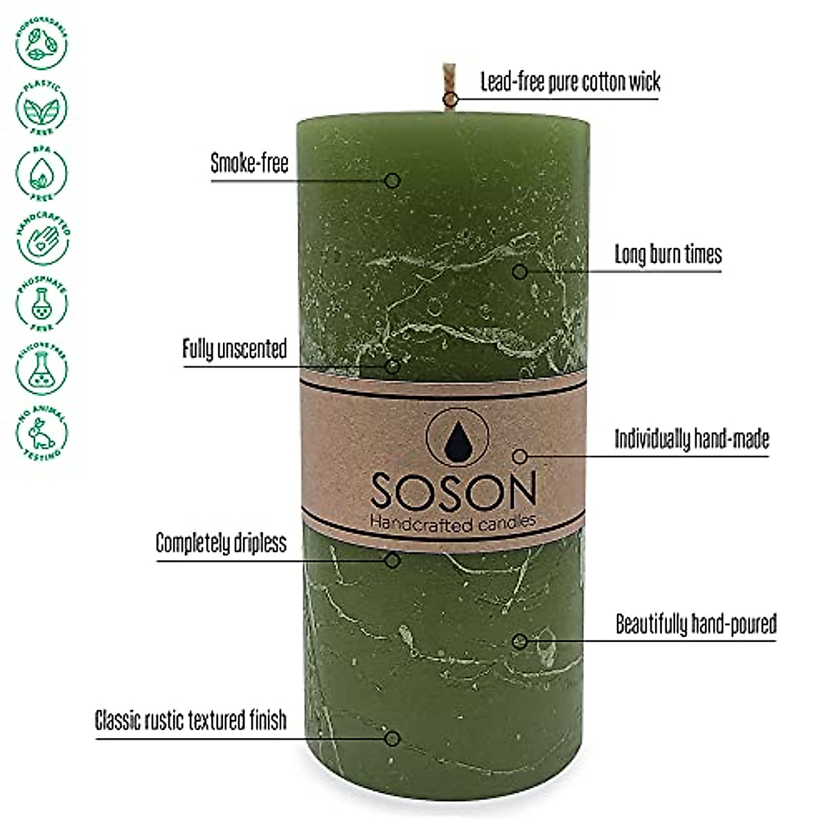 Simply Soson Rustic 3x3 Dark Moss Green Pillar Candles Set of 3 - Unscented Candles - Large Candle for Candle Holders - Velas Decorativas Green Candles Pillar Colored Candles Fall Pillar Candles Bulk