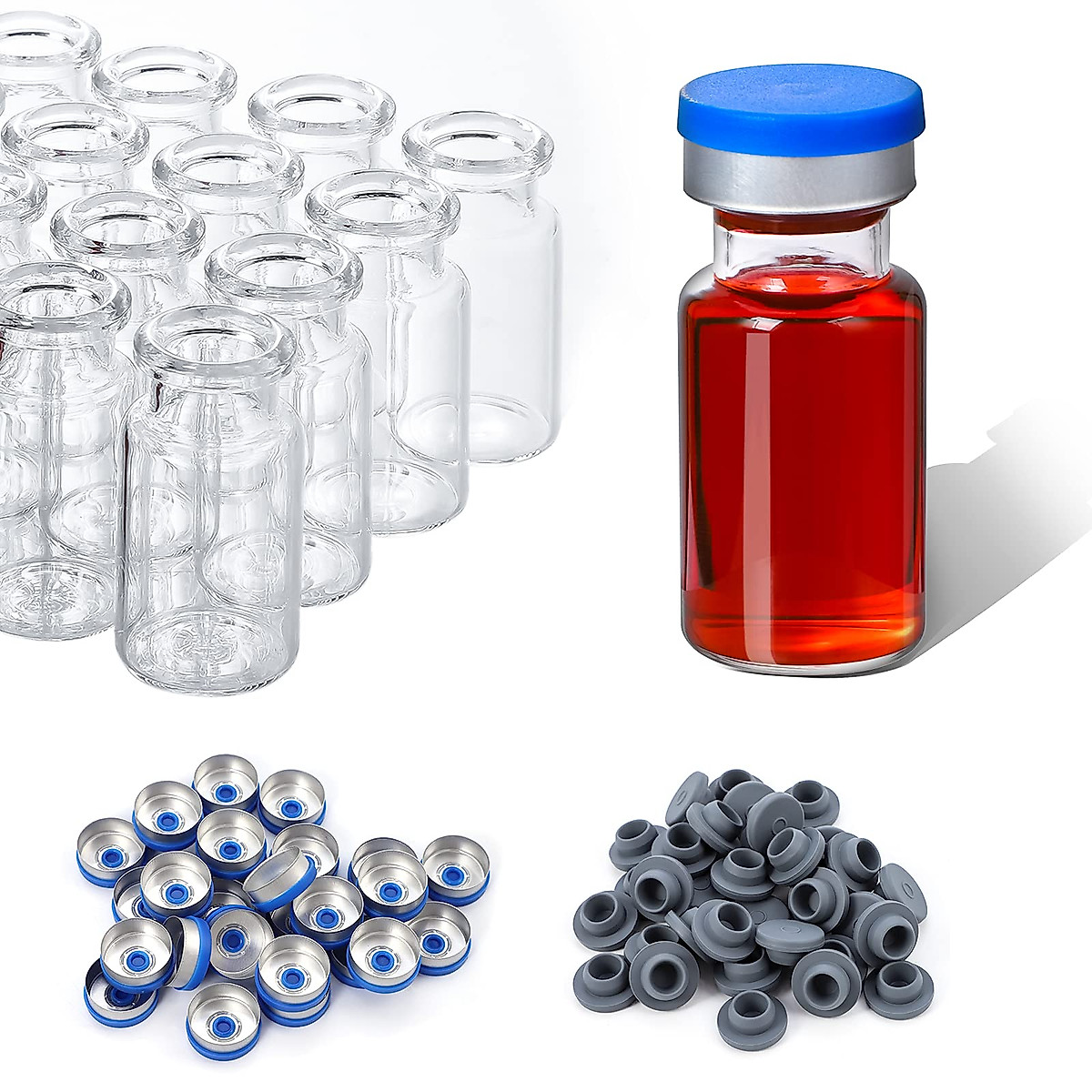 100 Pack 10ml Glass Vials, Clear Glass Headspace Vials with Plastic-Aluminum Flip Off Caps and Rubber Stoppers, 20mm Transparent Flat Bottom Lab Vial