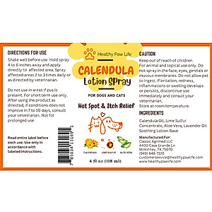 Healthy Paw Life Calendula Spray for Dogs, Cats, Horses – Hot Spot and Itch Relief Spray for Irritated and Dry Skin, Dermatitis and Allergies (4 fl oz)