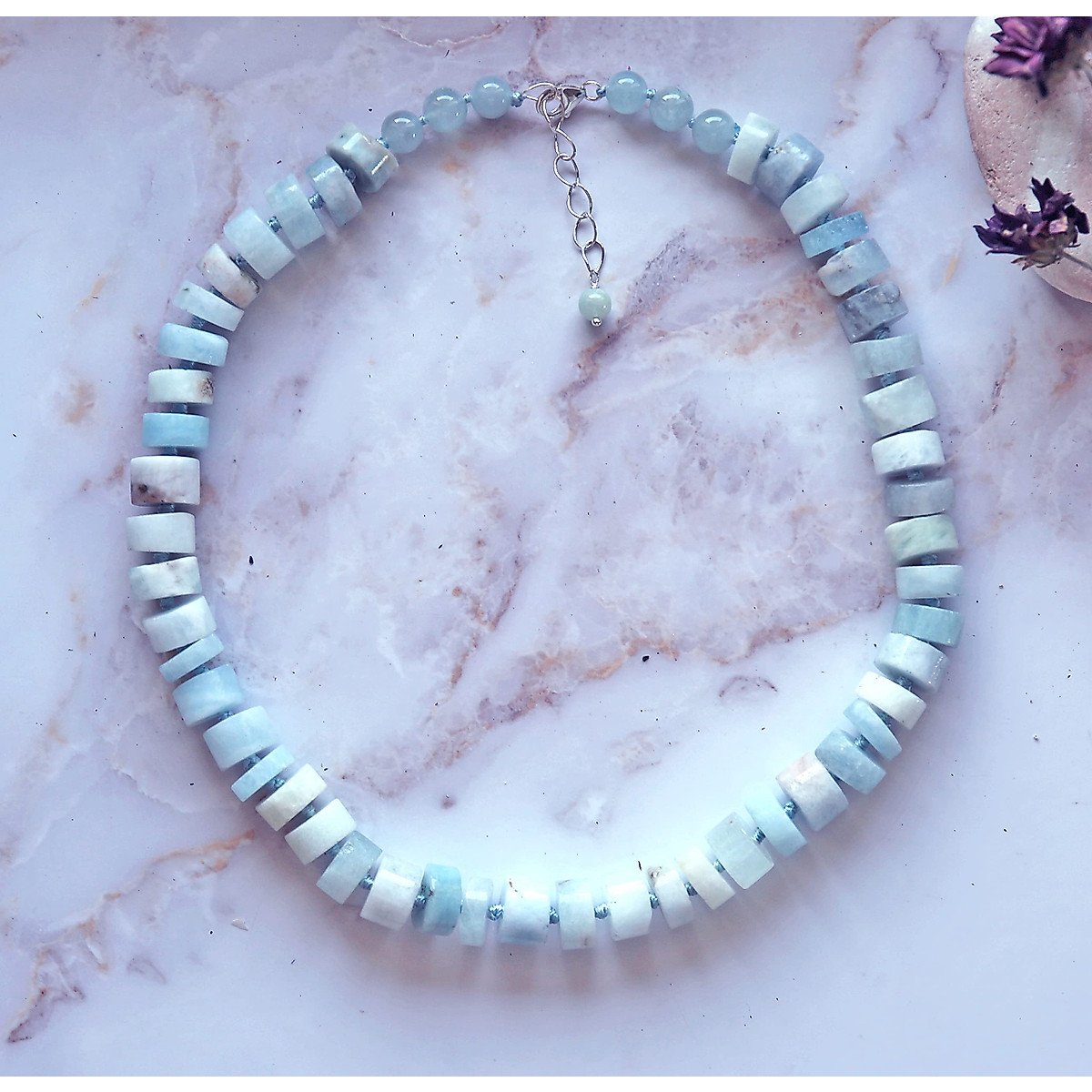 MGR MY GEMS ROCK! Beaded Button-Shape Aquamarine Statement Necklace. Non-Treated Aquamarine Stone Necklace. Collar Necklace, 18-19.50” Long.