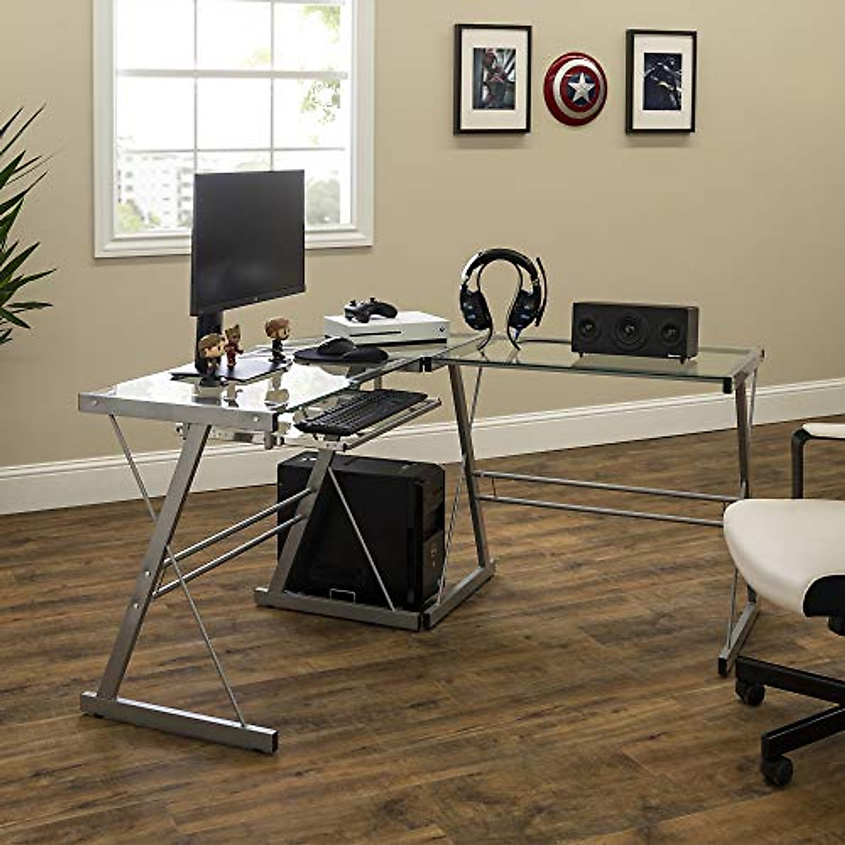Walker Edison Ellis Modern Glass Top L Shaped Corner Gaming Desk with Computer Keyboard Tray, 51 Inch, Silver