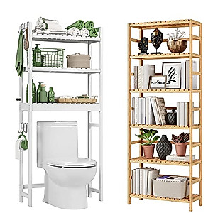 Bamjoy Over The Toilet Storage Shelf - Bamboo 6 Tier Tall Storage Shelf Home Office Bookshelf Bookcase Bathroom Shelf Bathroom Organizer Space Saver Bundle