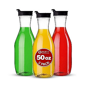 Party Bargains 50 oz. Plastic Carafe with Lids - Clear, 3 Count, Black Flip Tab Lid Premium Quality & Heavy Duty Plastic Pitcher for Iced Tea, Powdered Juice, Cold Brew, Mimosa Bar