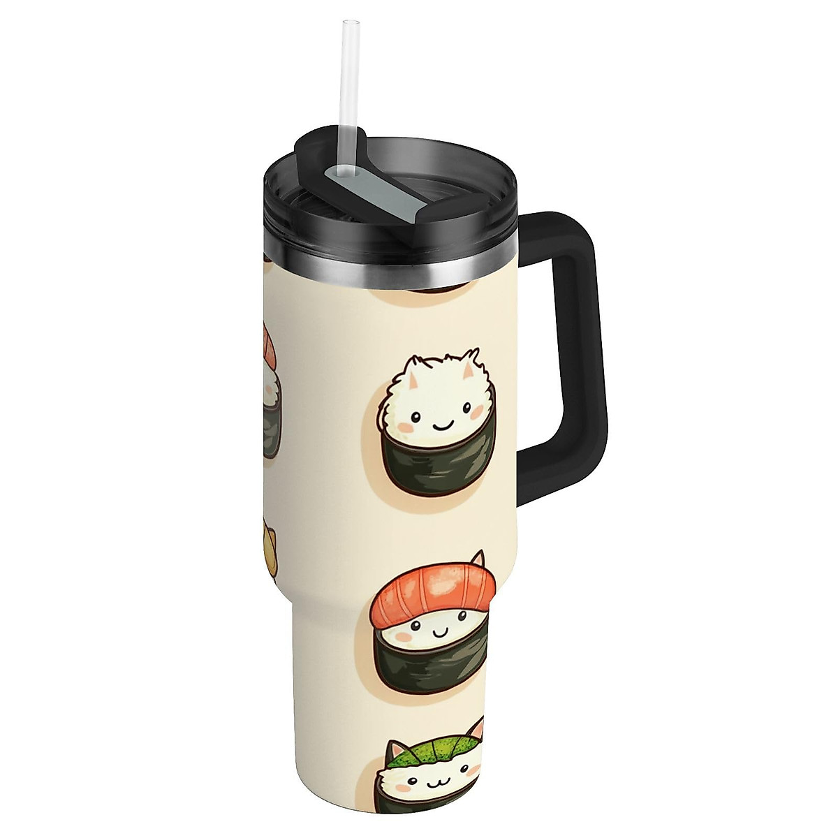 Selerdon 40 oz Tumbler Cute Sushi with Handle and Straw Lid Vacuum Stainless Steel Insulated Water Bottle Travel Mug Car Cup Holder Friendly BPA Free for Gym Travel Office