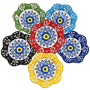 HeraCraft 6pcs Daisy Shaped Evil Eye Hand-Painted Ceramic Snack Bowls 3.74''/9.5cm-77ml/2.7 oz Decorative Nazar Design Multi-Purpose Cute Set - Pinch Sauce Dipping Finger Small Serving Bowls