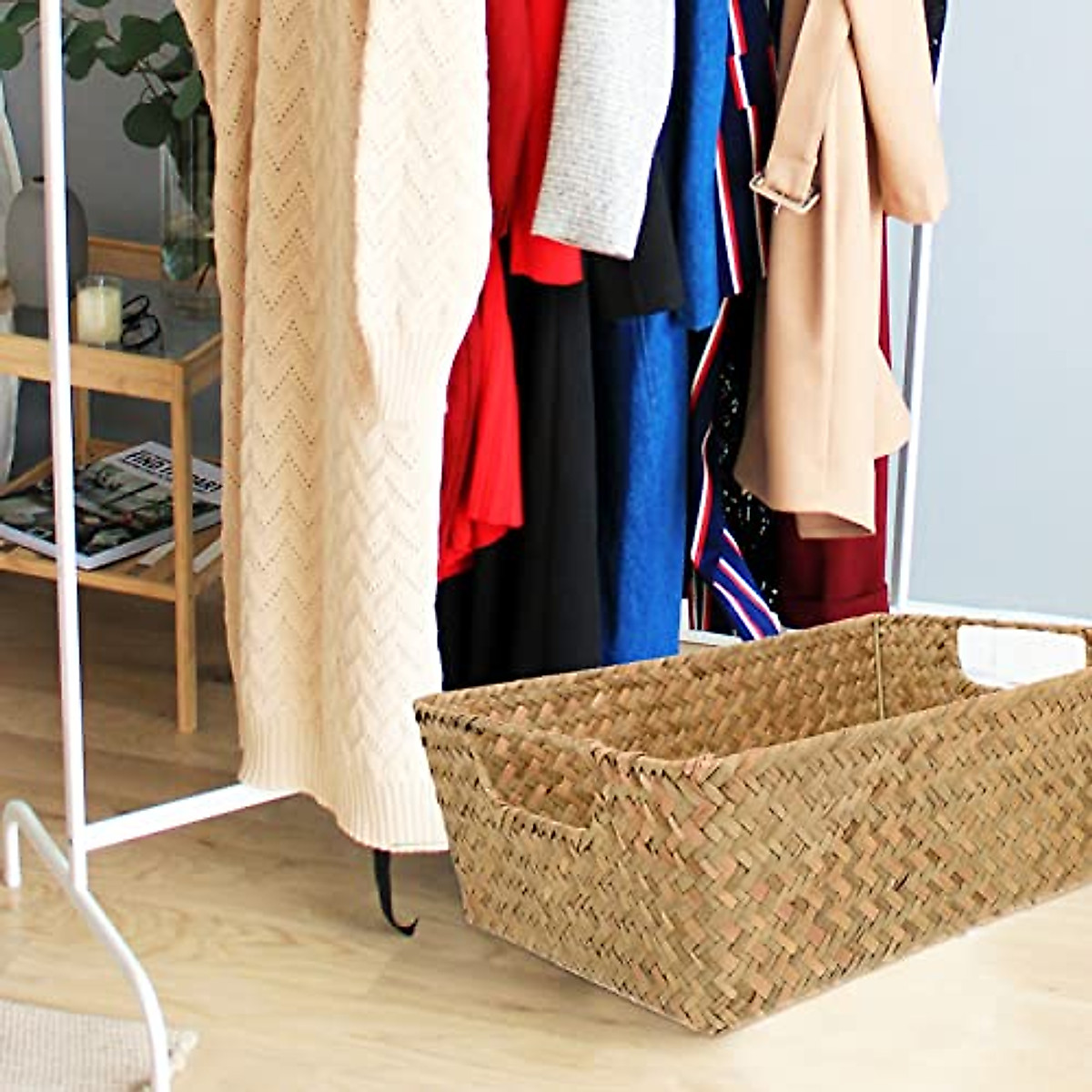 DOITOOL Large Woven Basket for Storage Natural Wicker Basket for Organizing, Wicker Storage Basket with Handle for Pantry, Hand Woven Basket for Bedroom, Living, Shelves, Beige, 33X23X11CM