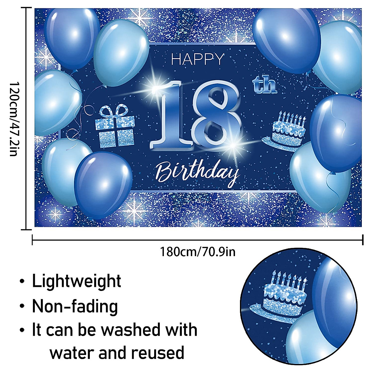 Happy 17th Birthday Backdrop Banner Decor Blue – Dot Glitter Sparkle 17 Years Old Birthday party Theme Decorations for Boys Girls Supplies
