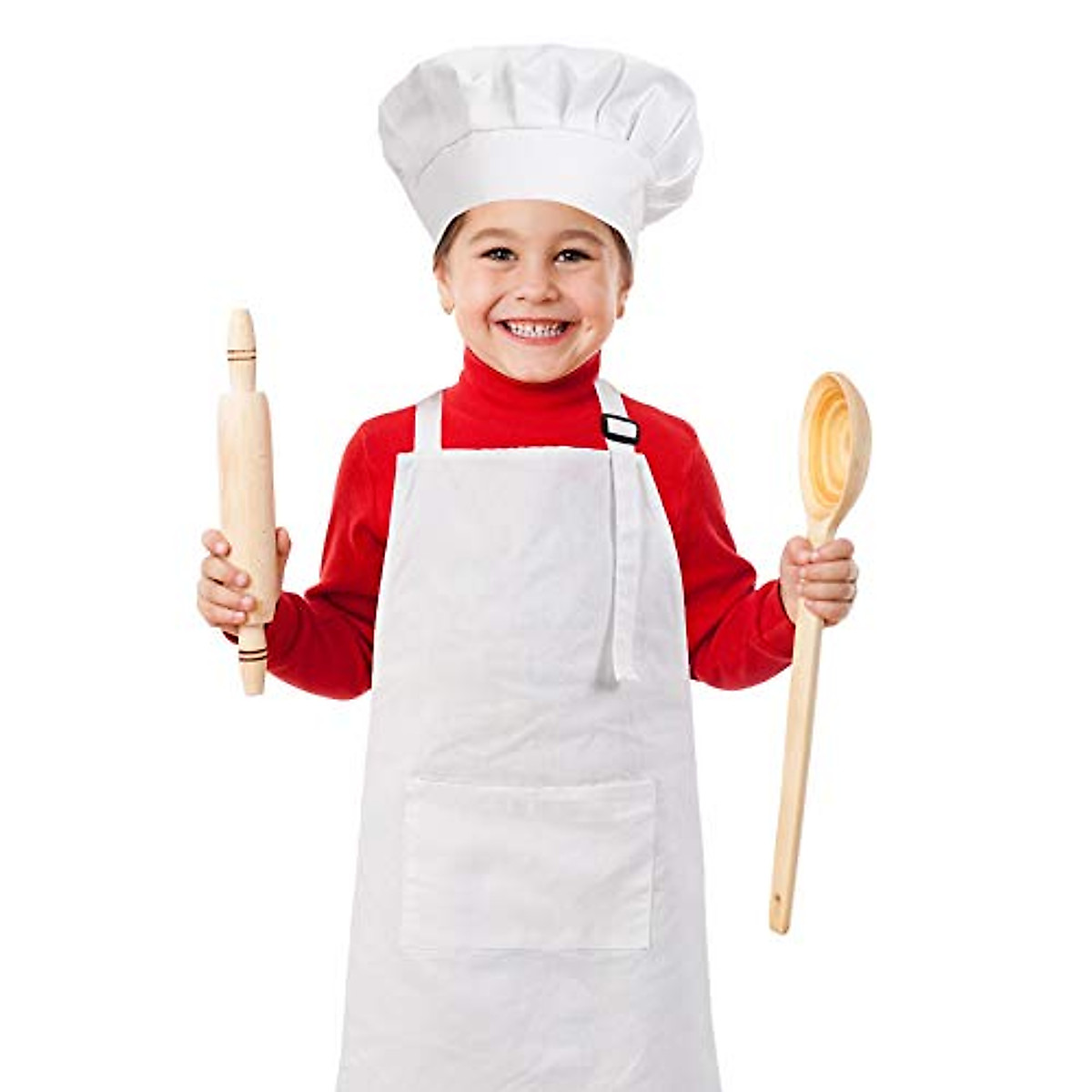 CRJHNS Kids Apron and Chef Hat Set, Adjustable Cotton Child Aprons with Large Pocket White Girls Boys Kitchen Bib Aprons for Cooking Baking Painting