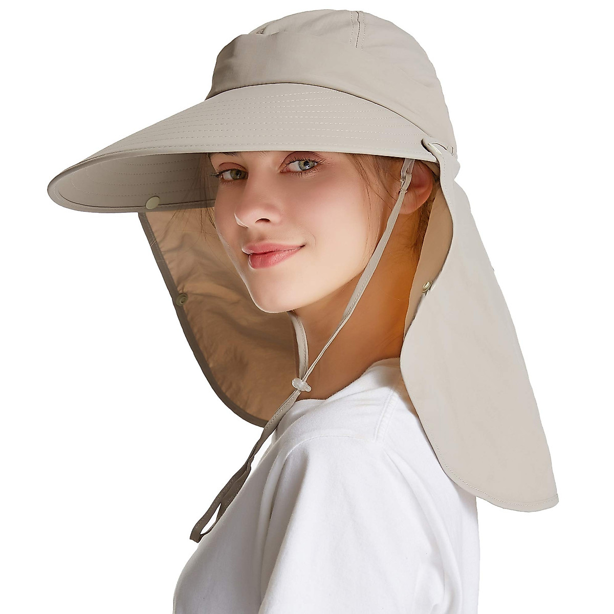 icolor Women Sun Cap Finshing Hats UPF+50 Detachable Face Mask Neck Flap Visor Wide Brim Sun Protection Hiking Hats Khaki