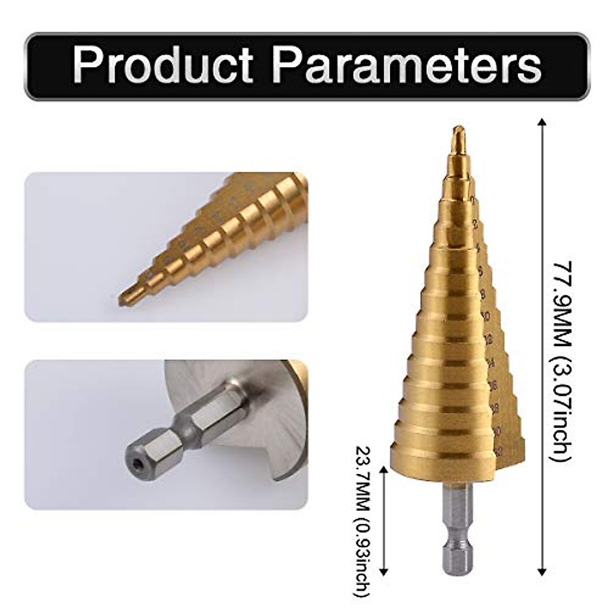 HOHXEN 1/4 Hex Shank Titanium Step Drill Bit High Speed Steel 15 Steps Hex Shank 4-32MM