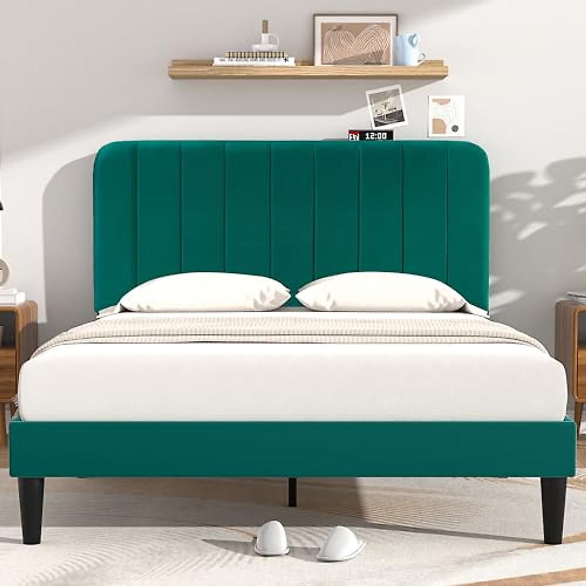 VECELO Queen Size Bed Frame with Adjustable Headboard, Velvet Heavy Duty Platform Beds with Strong Wood Slats Support, No Box Spring Needed, Green
