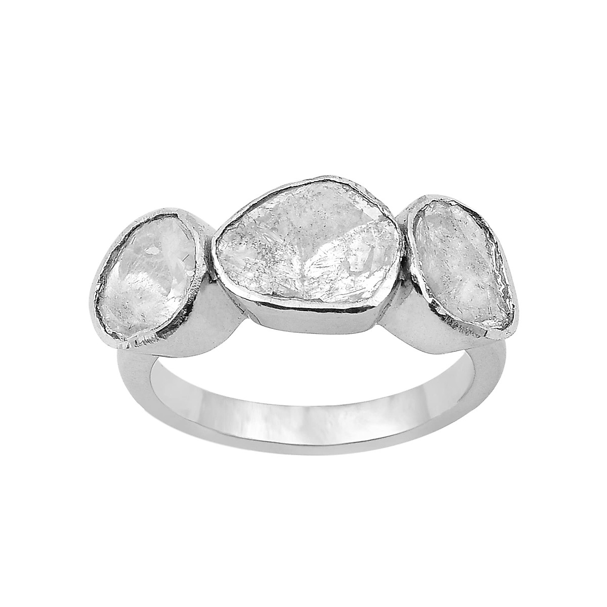 Shine Jewel 0.25 CT Natural Uncut Polki Diamond 3-Stone Ring Platinum Plated 925 Sterling Silver Handmade Jewelry Gift for Women Size 9