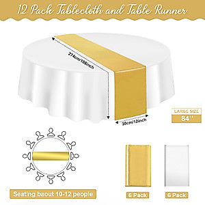 12 Pack 12x108 Inch Satin Table Runner and 84 Inch Round Plastic Tablecloths Set White and Gold Disposable Round Table Cover for Graduation Wedding Bridal Shower Anniversary Birthday Party Decorations