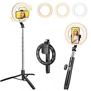 8" Selfie Ring Light with 66" Extendable Tripod Stand & Phone Holder, Portable Unplugged Dimmable LED Ringlight for Live Stream/Makeup/Tiktok/YouTube Video, Compatible with iPhone & Android